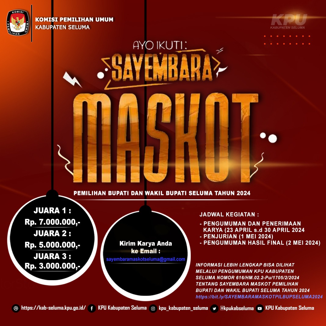 KPU Seluma Buka Lomba Maskot Pemilu 2024, Berhadiah Jutaan Rupiah ... KPU Seluma Buka Lomba Maskot Pemilu 2024, Berhadiah Jutaan Rupiah ...